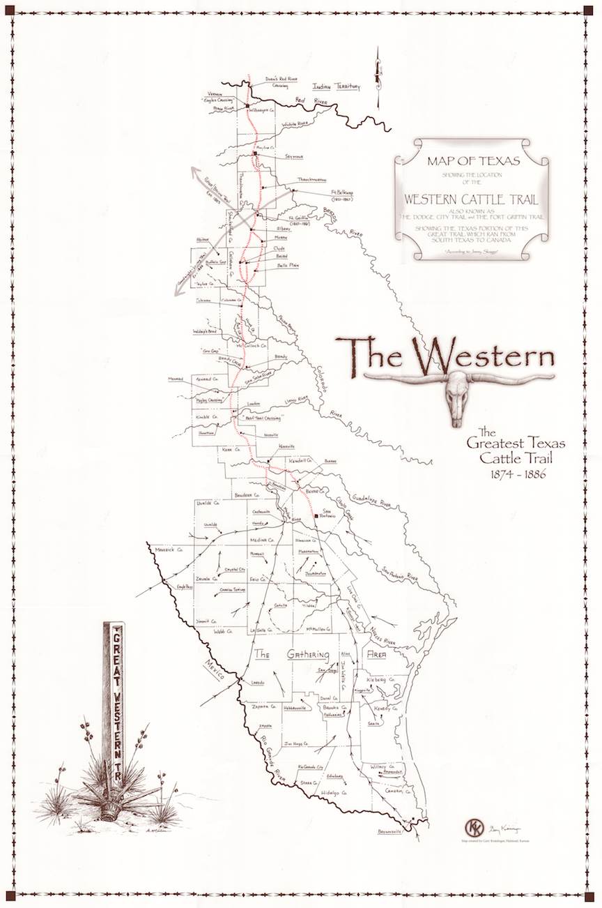 Map of Western Cattle Trail in Texas
